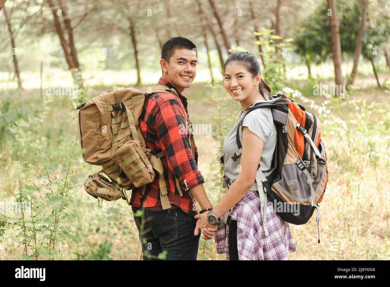 Asian backpacker couple on hiking hi-res stock photography and images ...