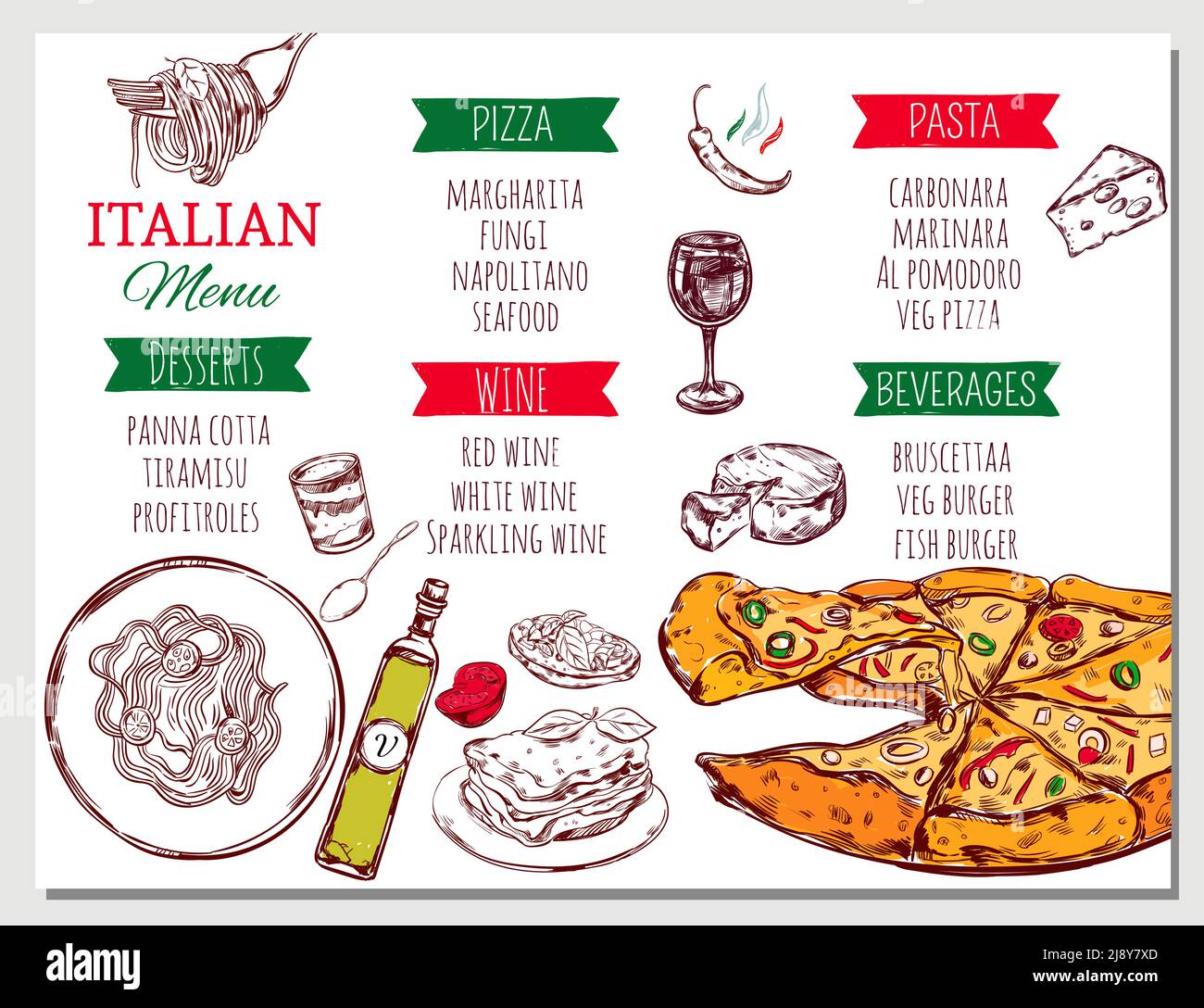 Italian restaurant menu with traditional dishes and beverages of ...