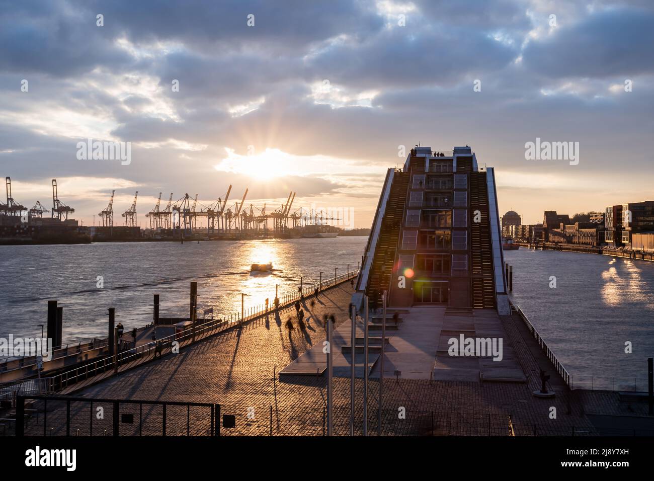 Hamburg, Elbe river, Germany: Harbor sunset scenery from Cruise ...