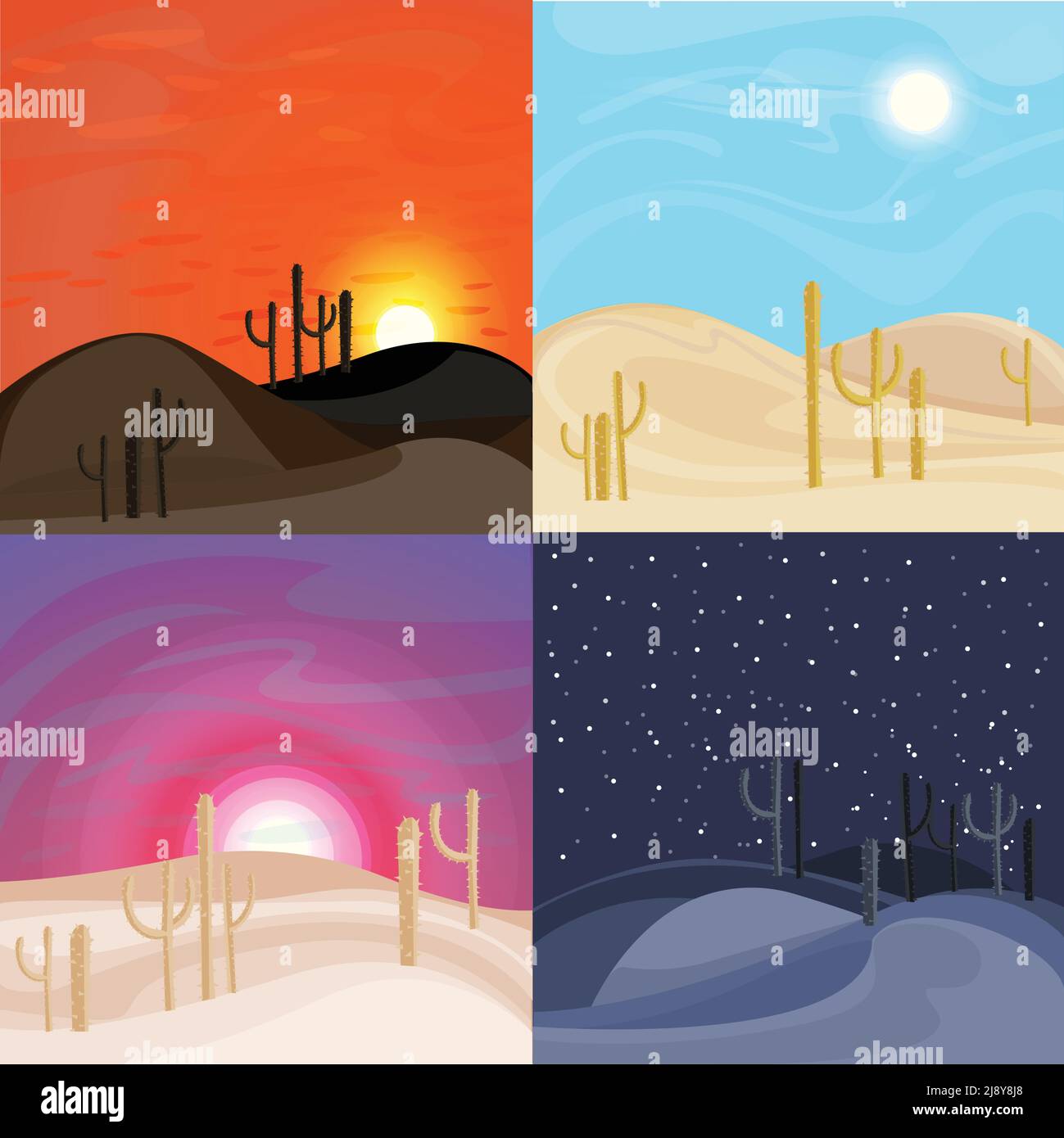 Sand desert landscape templates with cactuses at sunrise sunset night ...