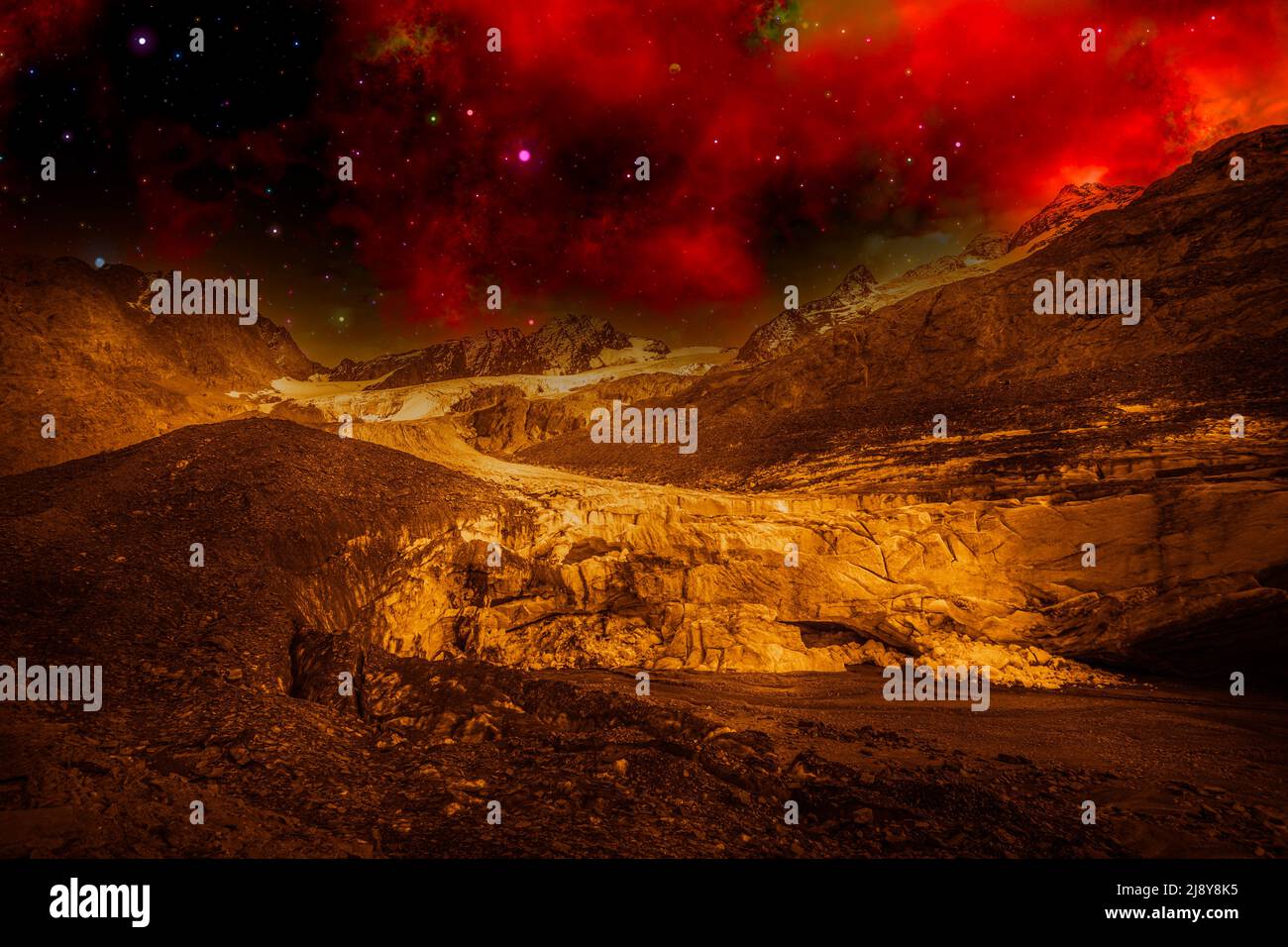 Photo montage of alien golden landscape, with sky full of stars and ...