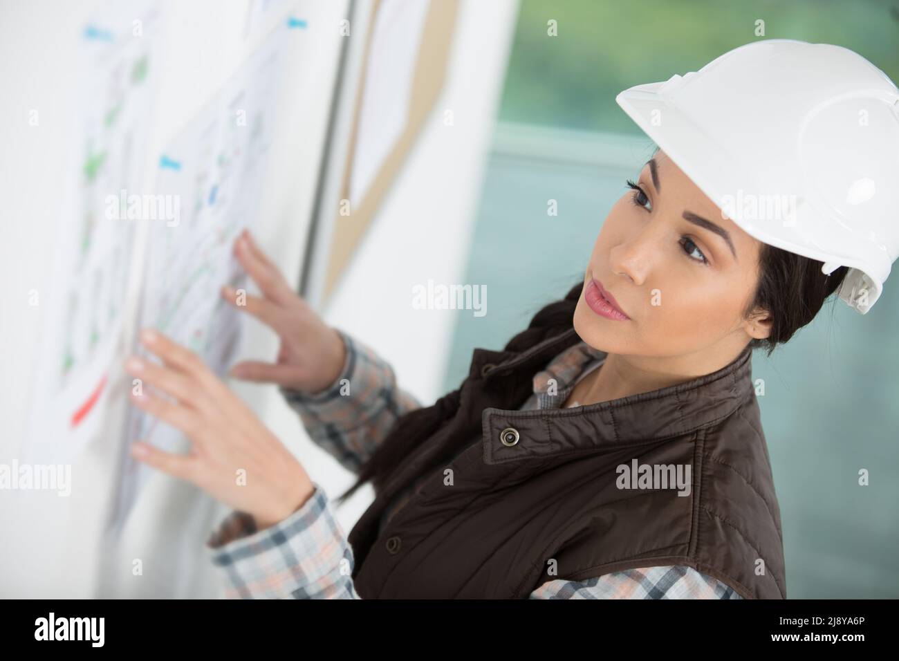 woman wearing a safety-helmet looking at a notice board Stock Photo - Alamy