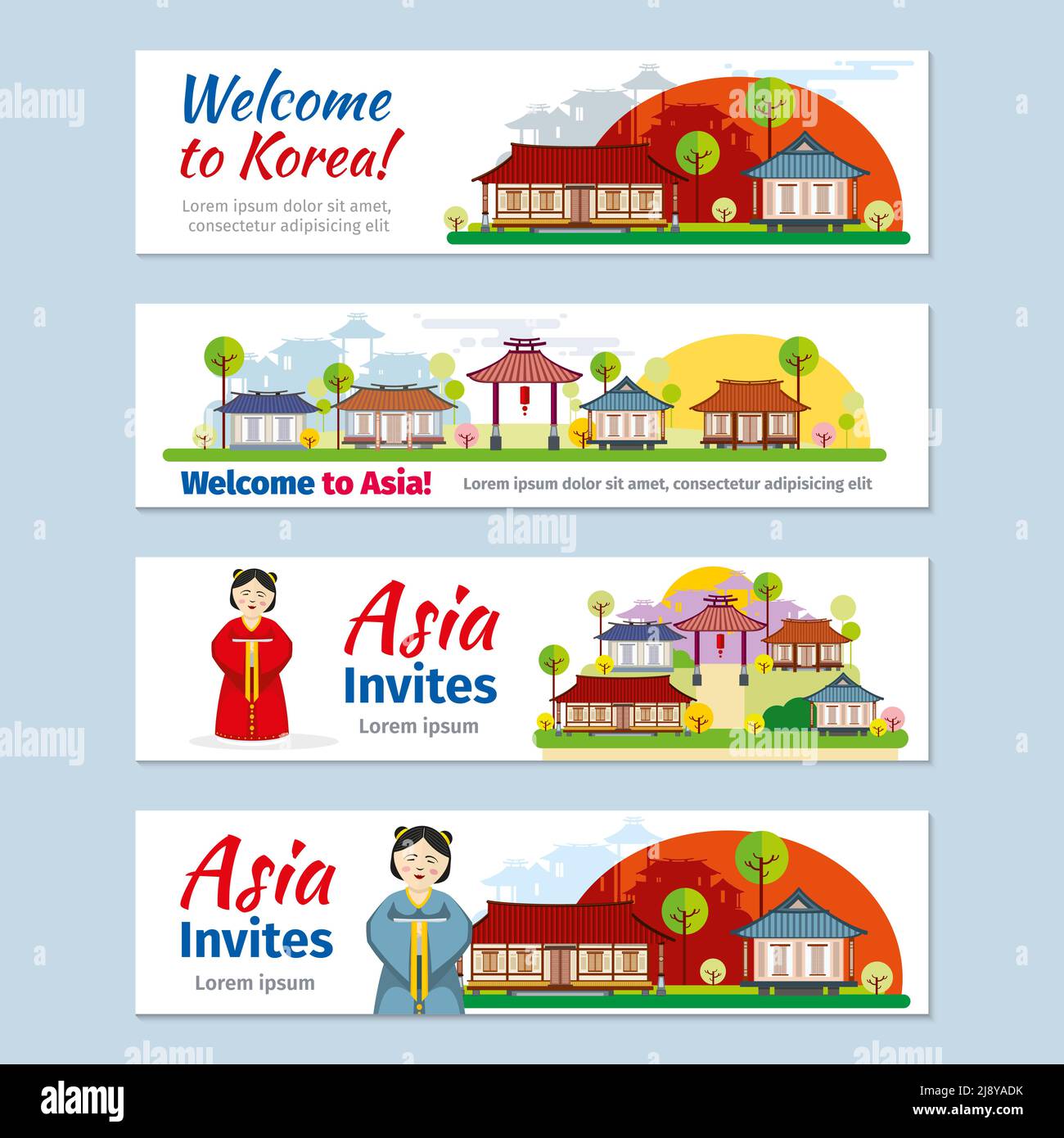 Korea, japan, thailand travel vector banners template set. Invitation ...