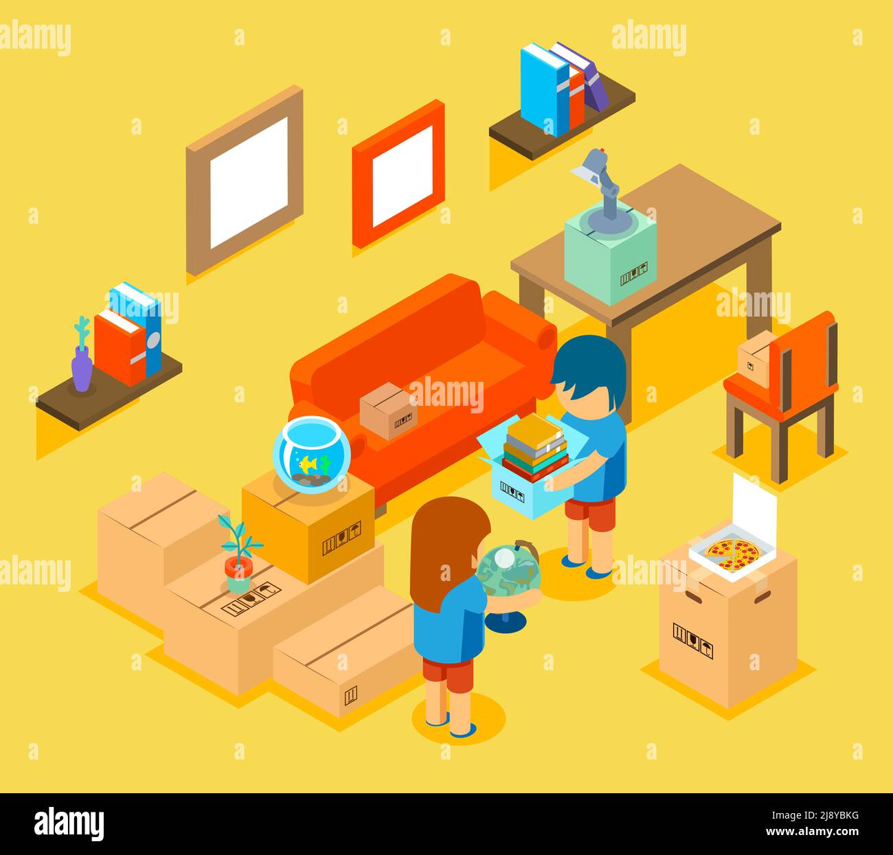 Moving into new apartment. Isometric 3d. Comfortable sofa, table and ...