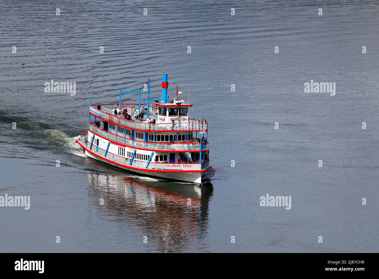 Overhead view of the "Columbia Gorge" sternwheeler tour boat sailing ...