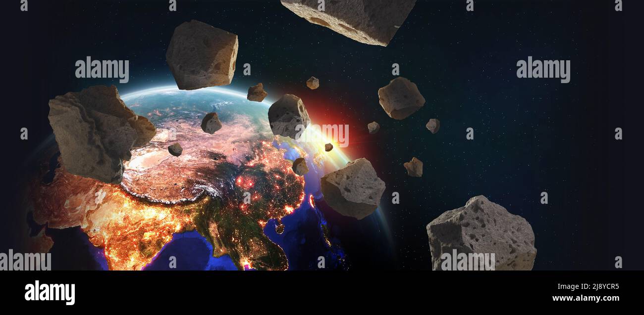 In orbit. Asteroids near planet Earth. Continent Asia. A view of globe ...