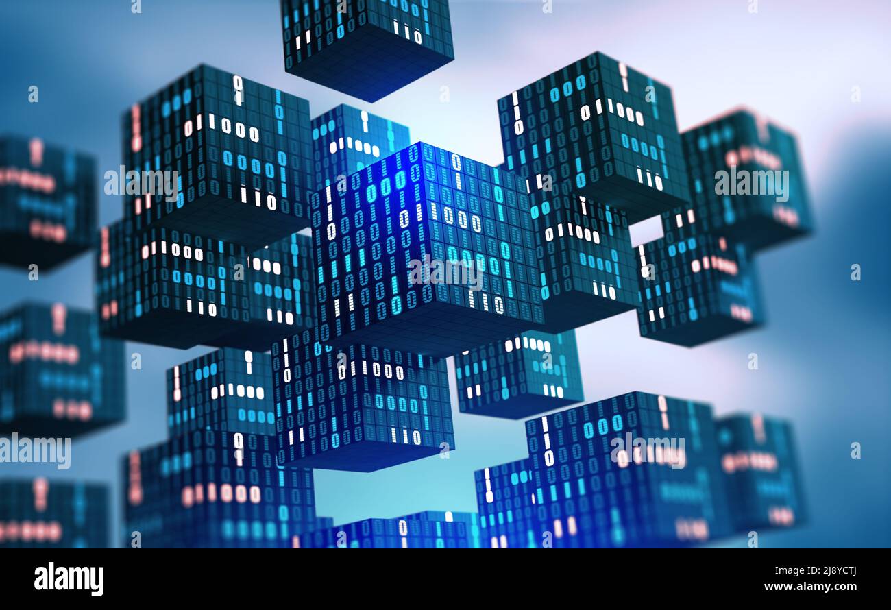 Blockchain Information flows in the digital global networks. 3D illustration of data cells with ...