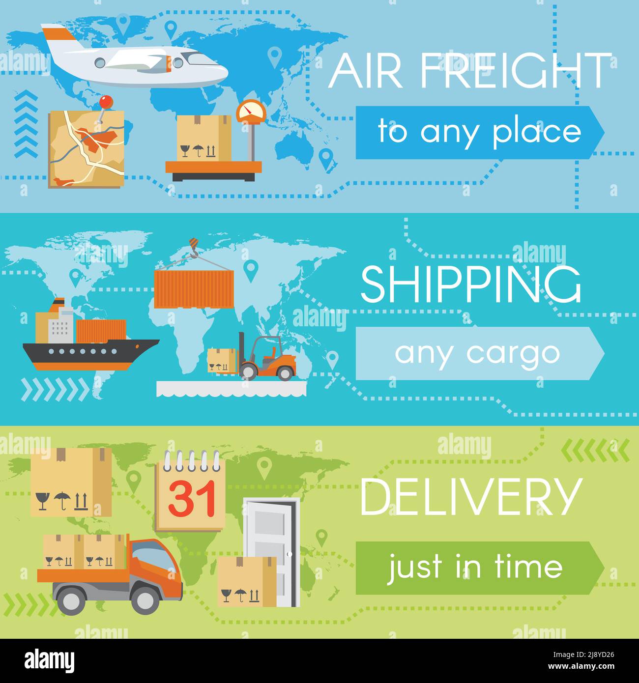 Set of delivery web banners. Service transportation, cargo airplane ...