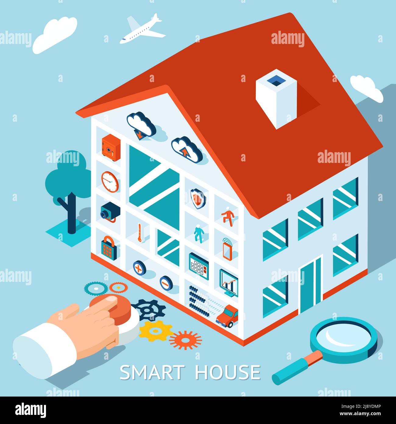 Vector 3d smart home concept. House control by pressing button. Vector ...