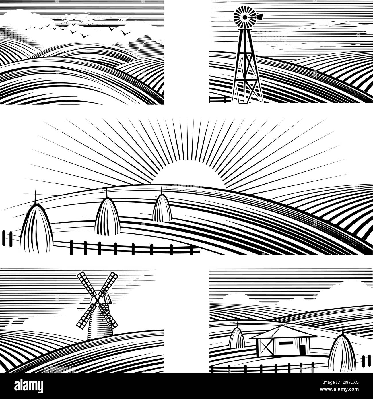Retro rural landscapes. Set in rural landscapes painted black lines ...