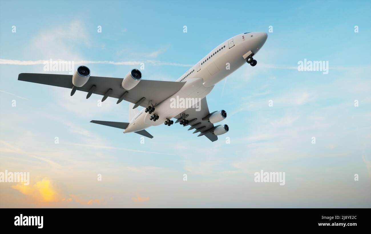 Conceptual flying white passenger jetliner or commercial plane after ...