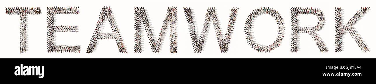 Concept conceptual large community of people forming TEAMWORK word. 3d ...