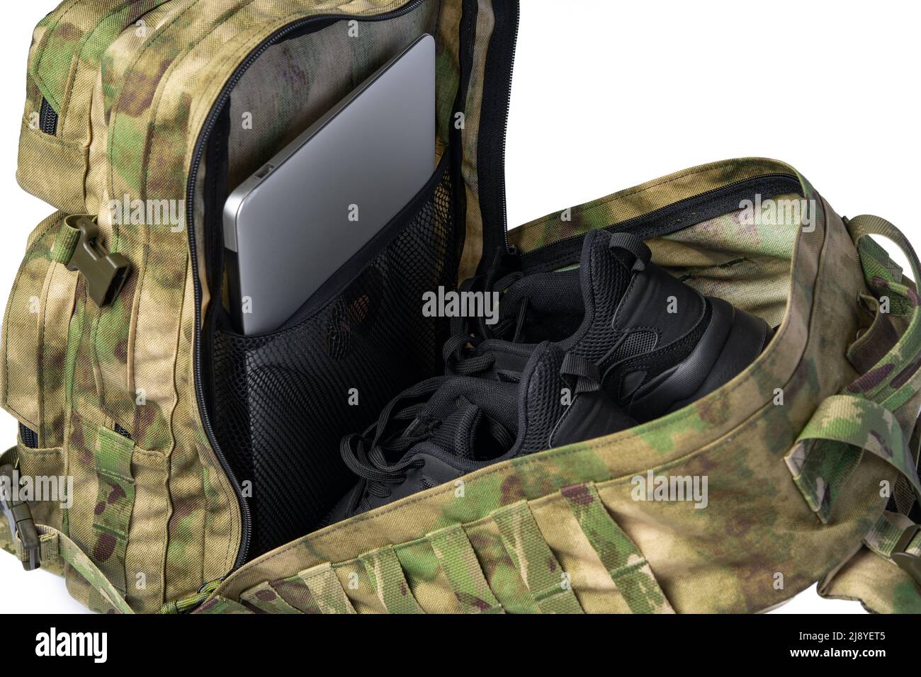 Open military backpack of khaki color on a white background Stock Photo ...