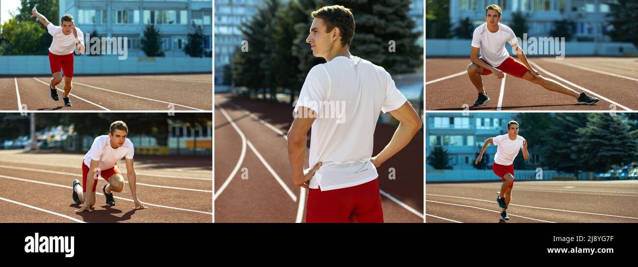 Horizontal poster with images of one Caucasian man, female athlete ...