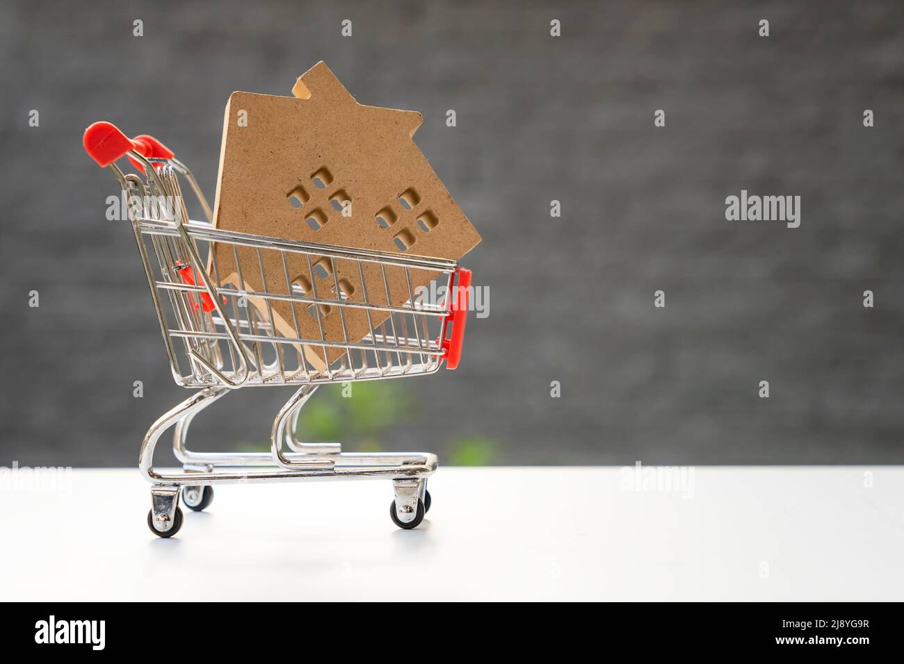 wooden house model in supermarket cart, property and real estate ...