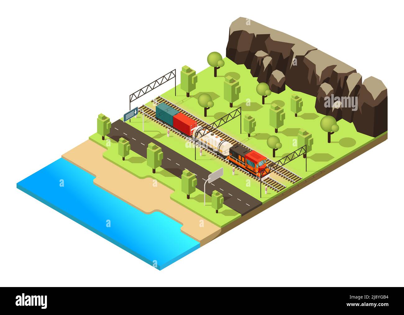 Isometric railroad transportation concept with freight train or ...