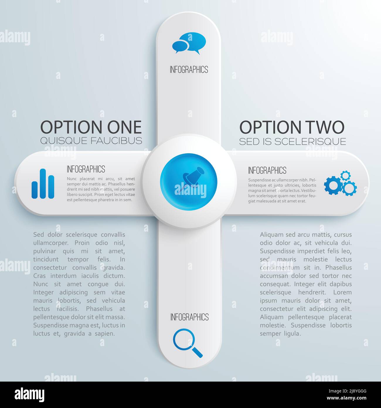 Business web design infographics with text gray banners in cross shape ...