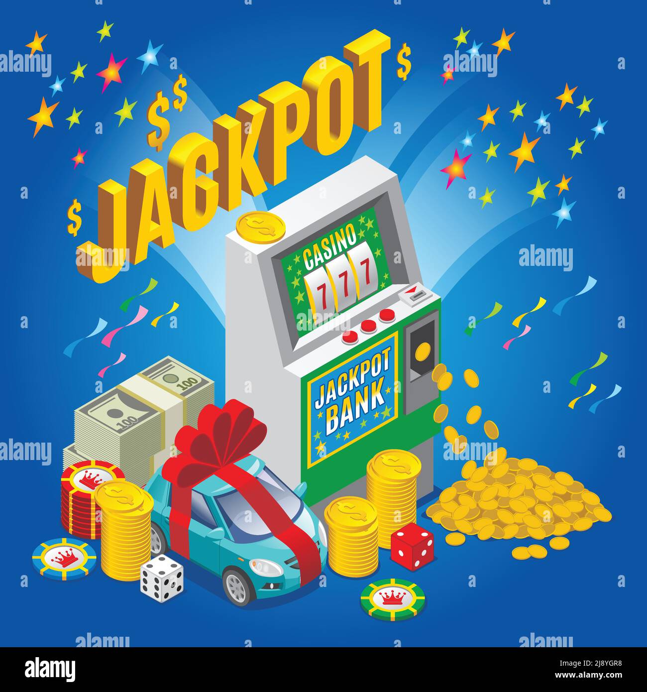 Isometric jackpot concept with slot machine chips dice money stack gold ...