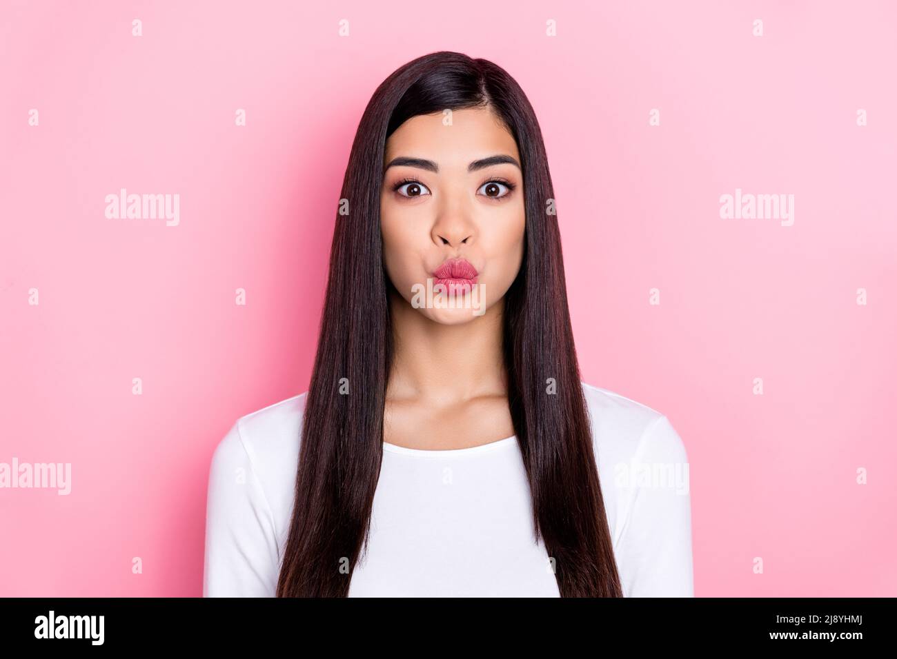 Photo Of Flirty Millennial Brunette Lady Blow Kiss Wear Trend Cloth