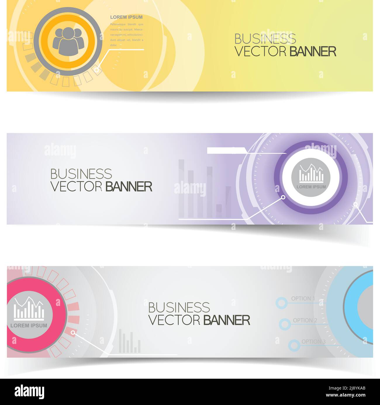 Set of horizontal banners with business icons and elements of digital ...