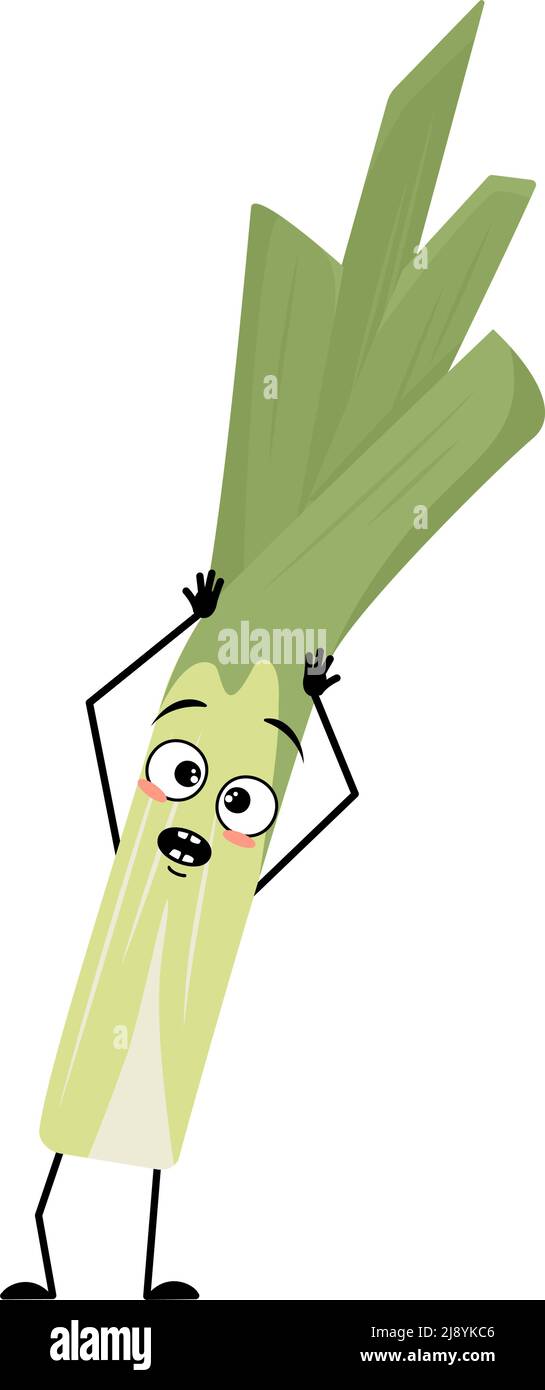 Cute green leek character with panic emotions, surprised face, shocked ...