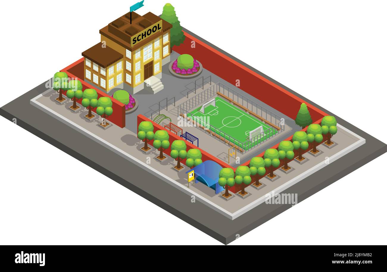 Isometric city school building template with soccer field children ...