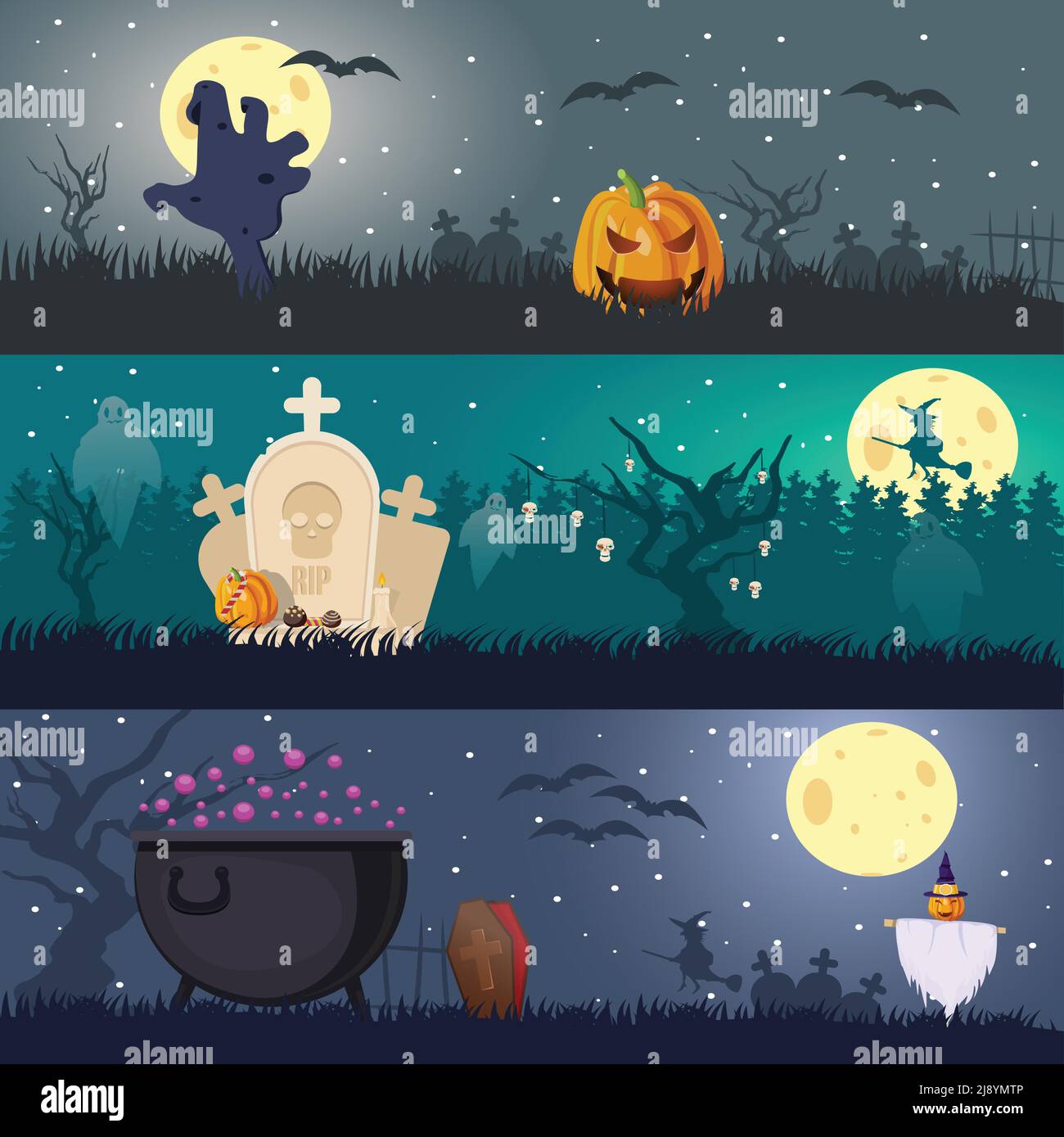 Cartoon Halloween horizontal banners with zombie hand scary pumpkin ...