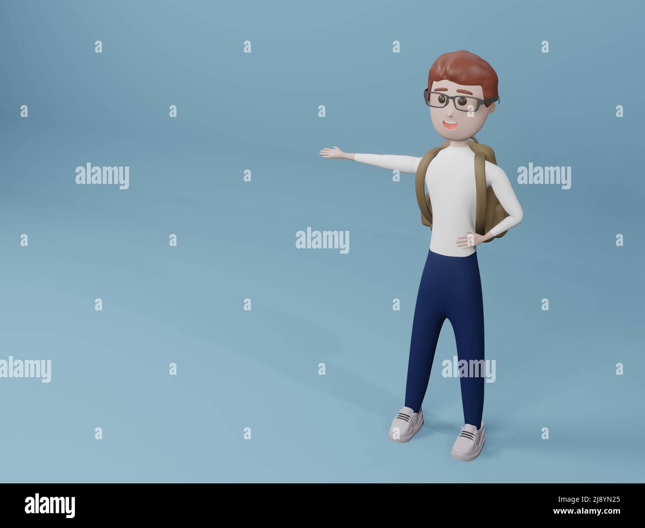 Cartoon character man with backpack showing hand at direction. Man ...