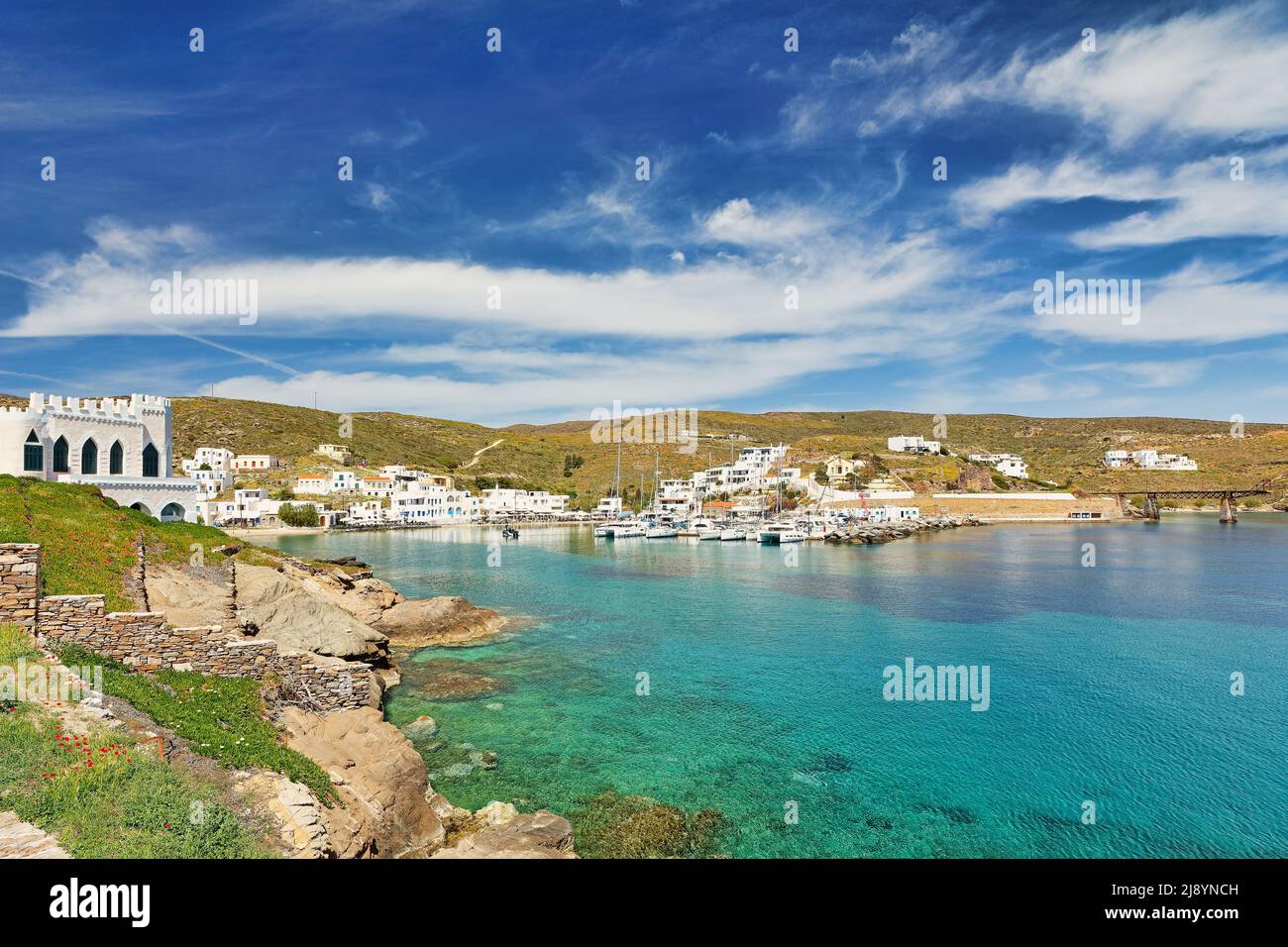 Loutra with thermal springs of Kythnos island in Cyclades, Greece Stock ...