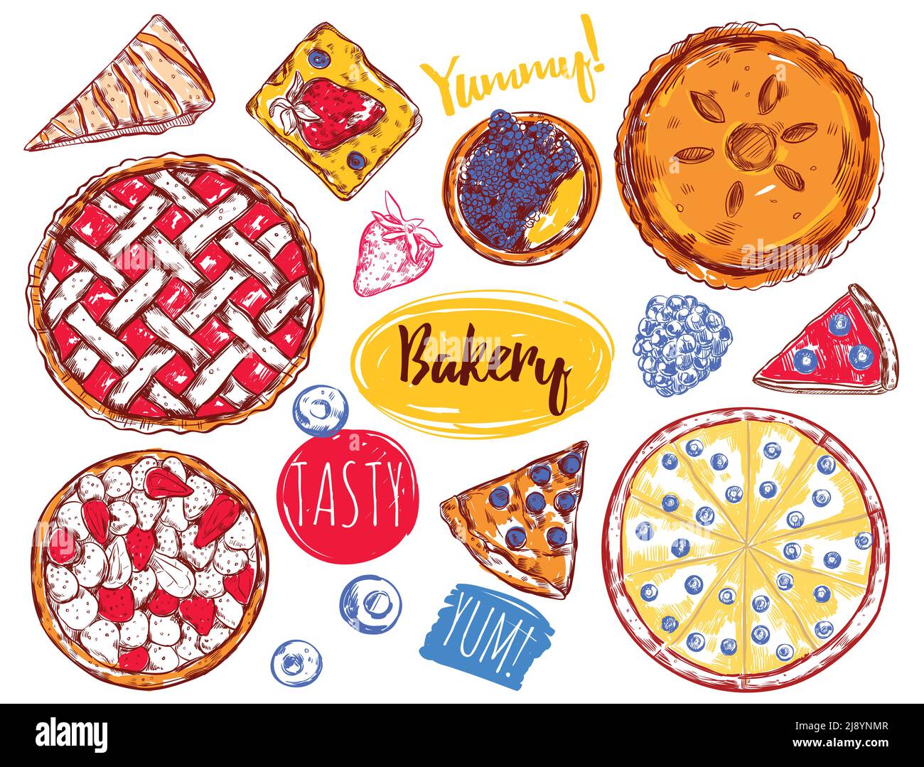 Hand drawn pie slice cake icon set with different type of cakes and ...