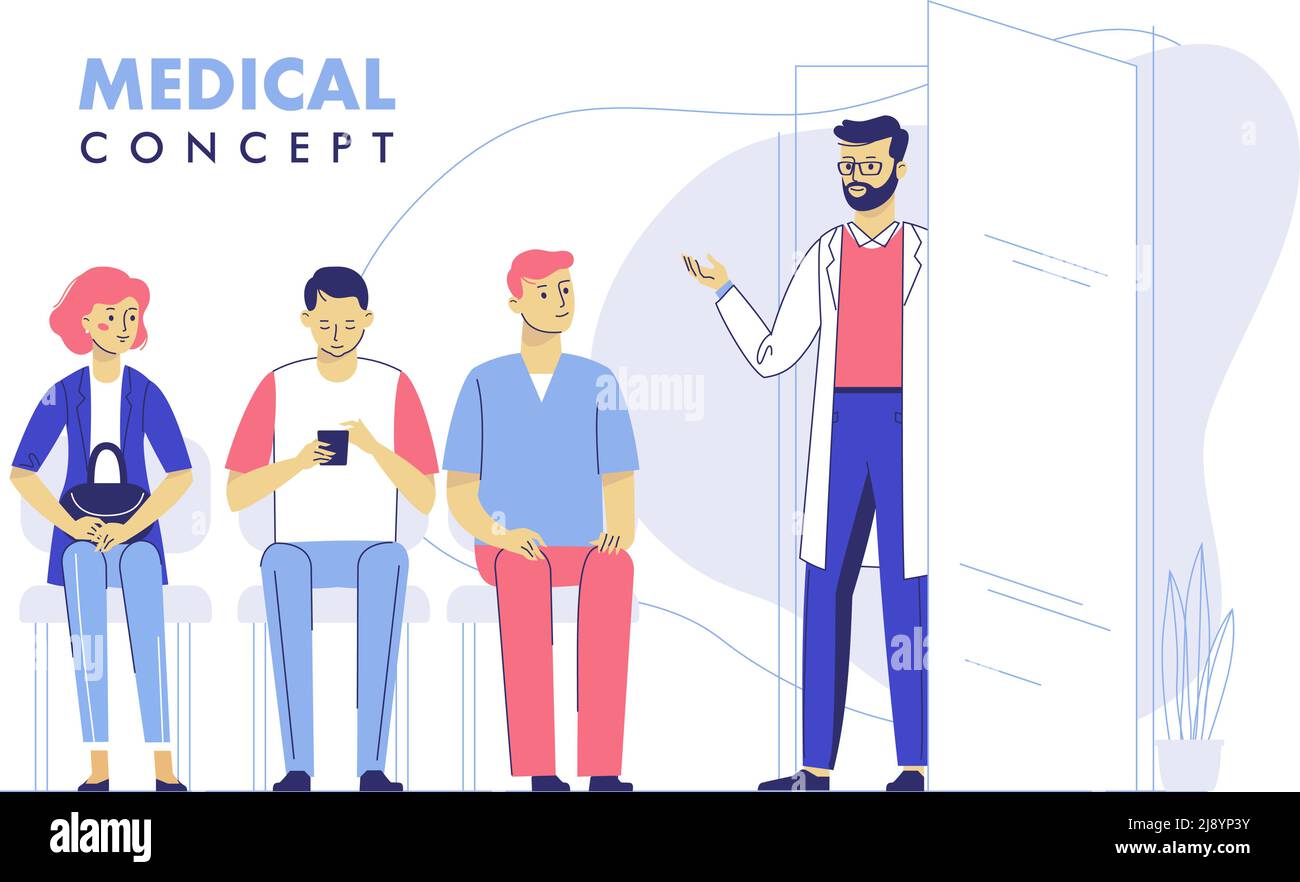 Young doctor man and queue of people in hospital reception ...