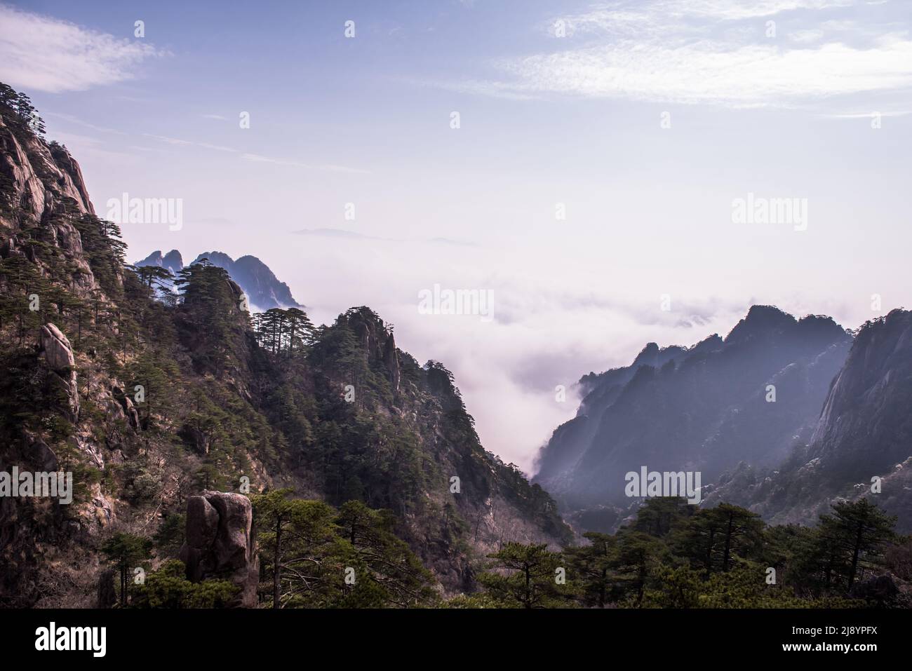 Wonderful and curious sea of clouds at beautiful Huangshan mountain landscape in China Stock ...