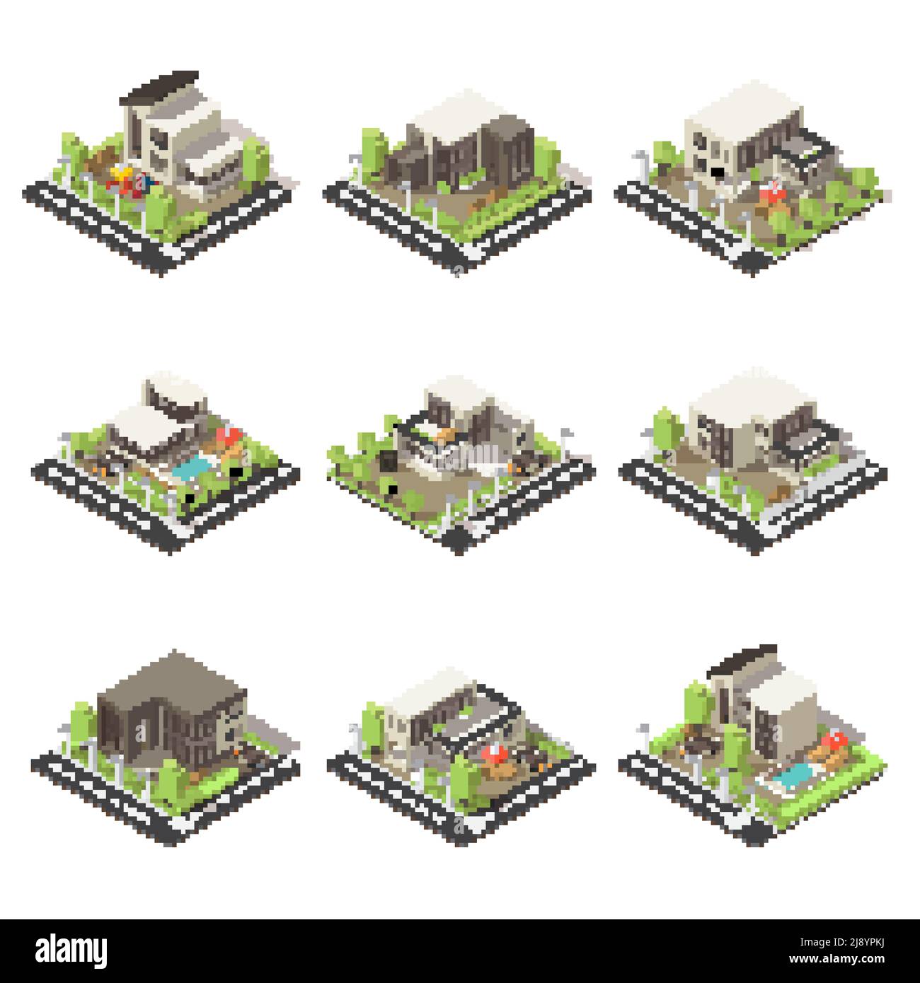 Isometric cottages and mansions set with suburban buildings of ...