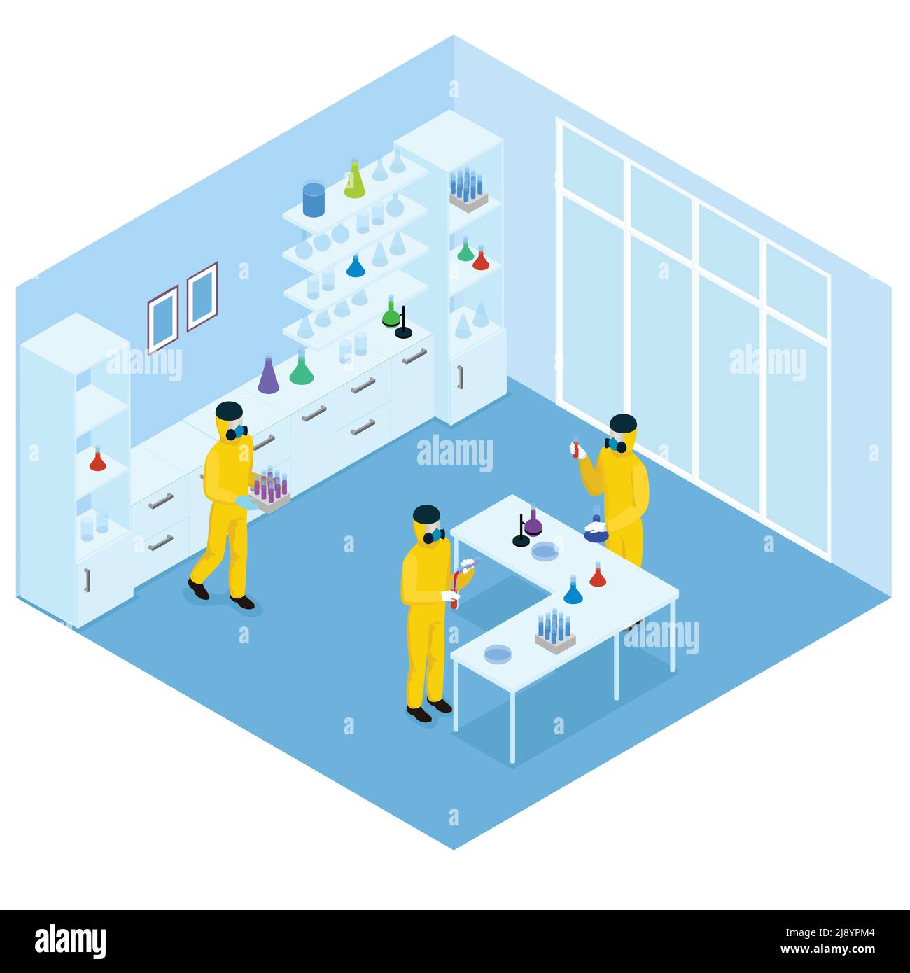 Isometric Science Research Concept With Scientists In Protective Suits Inventing Vaccine Against