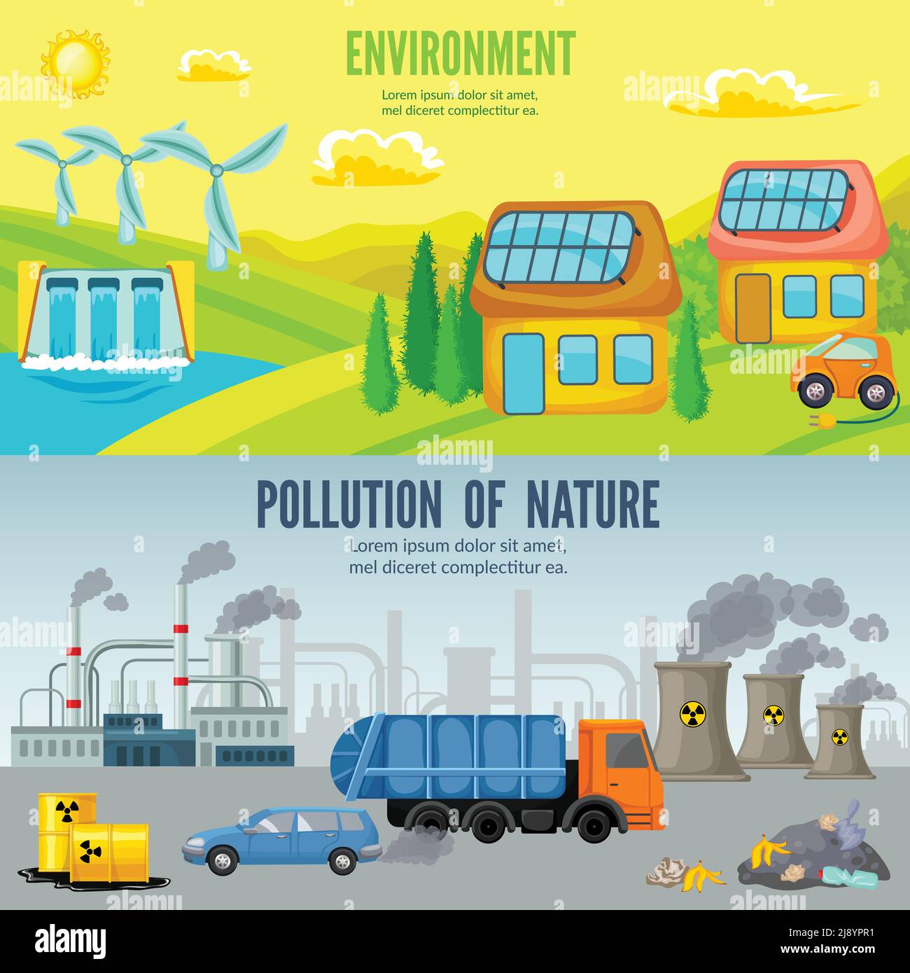 Environmental pollution cartoon horizontal banners with comparison of ...