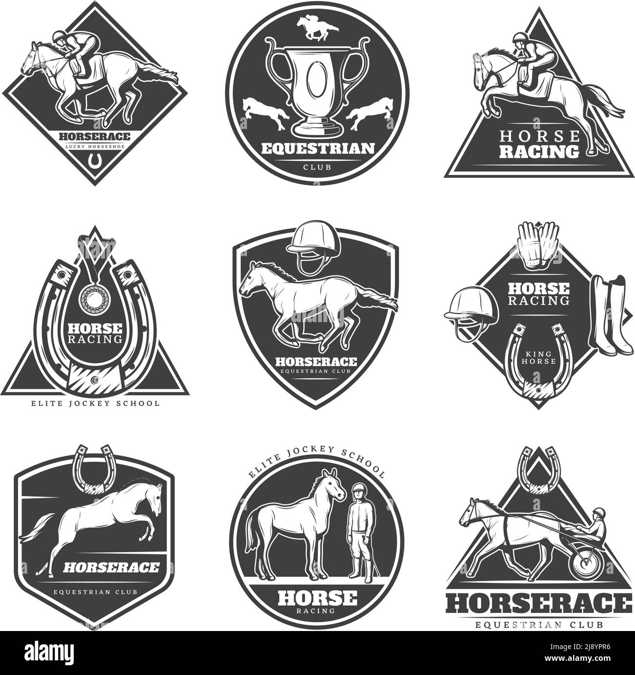 Monochrome horse racing labels set with jockeys riding stallions and ...