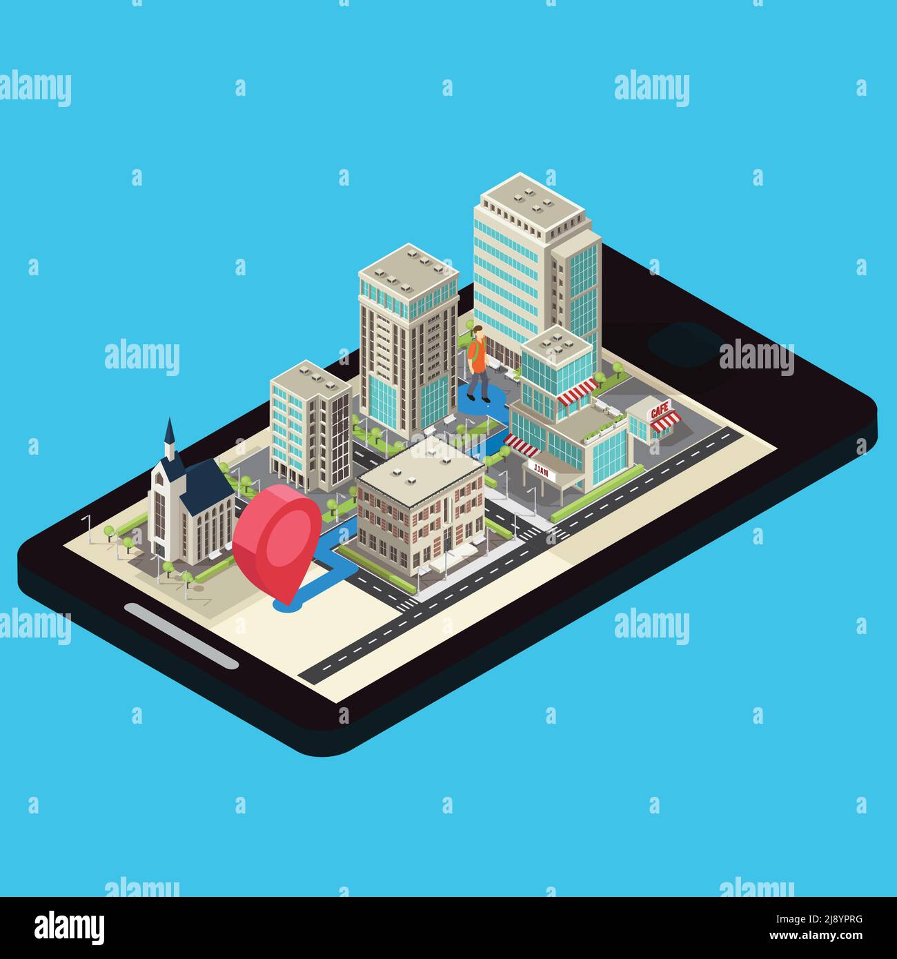 Isometric mobile navigation template with traveler modern city route ...