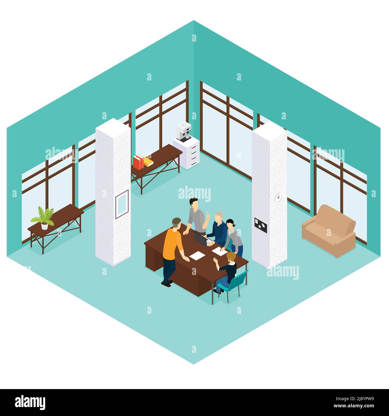 Isometric people teamwork concept with employees discussing business ...