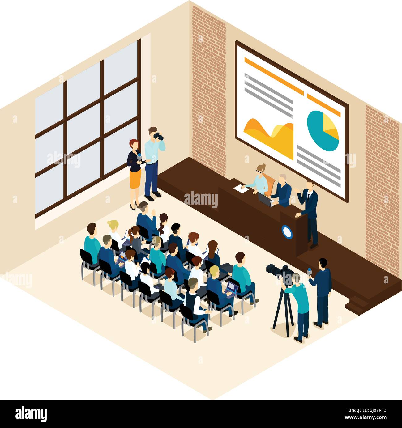 Isometric business conference concept with presentation public speakers ...
