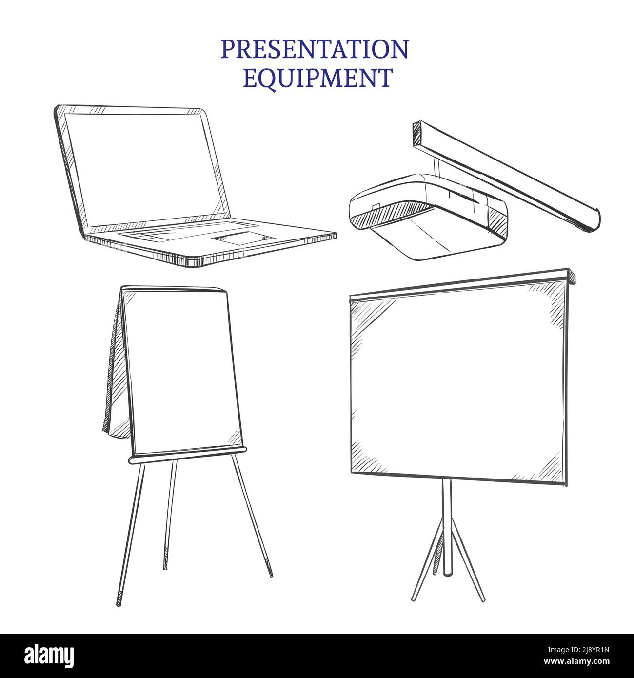 Business presentation equipment sketch elements set of laptop projector ...