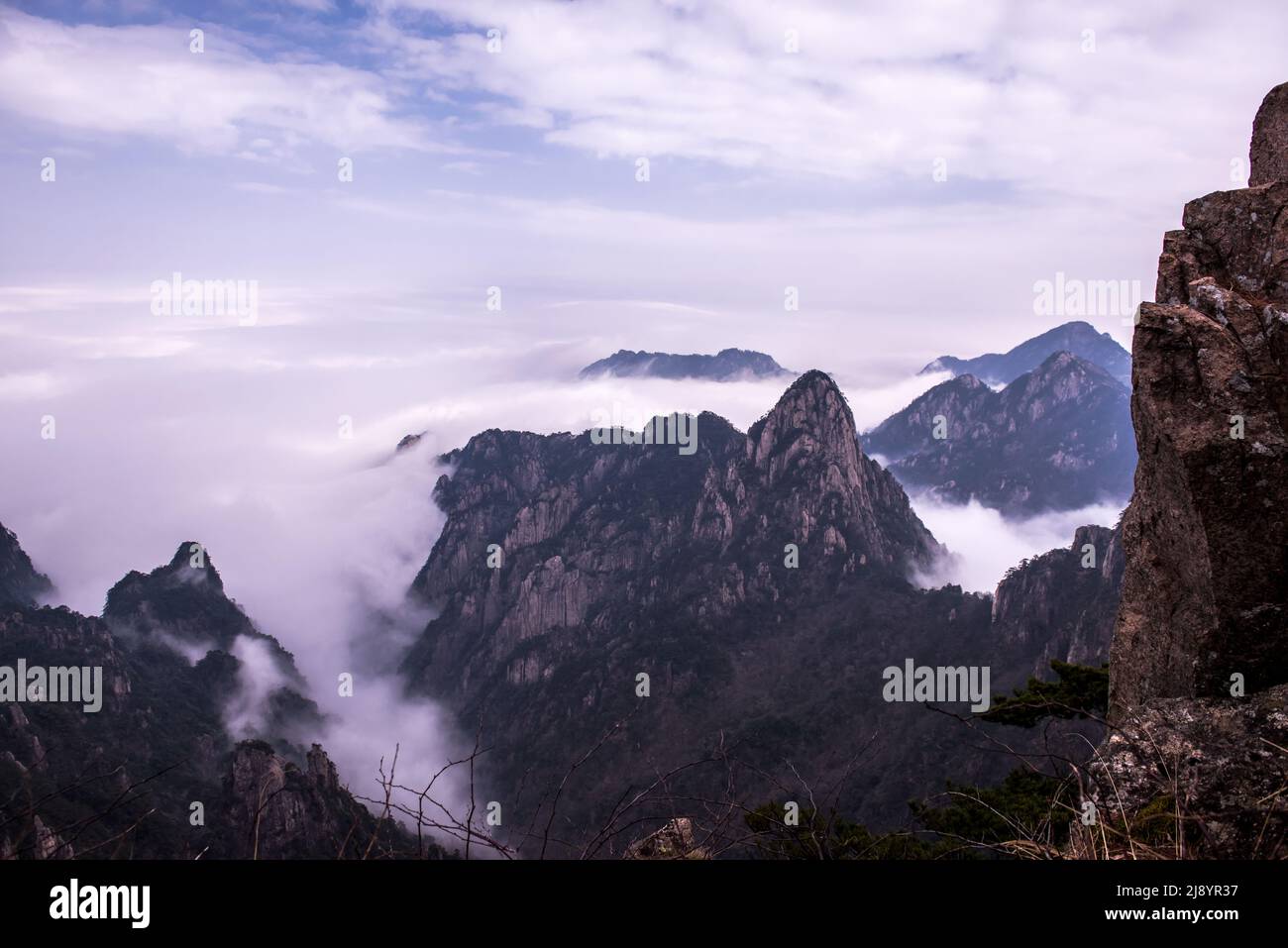 Wonderful and curious sea of clouds at beautiful Huangshan mountain landscape in China Stock ...