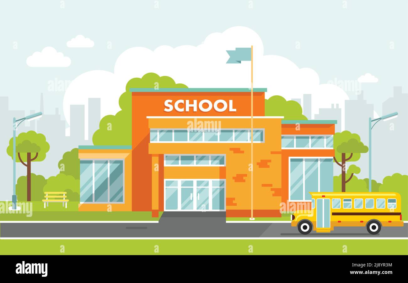 Modern school, college building on city street background, with bus and ...