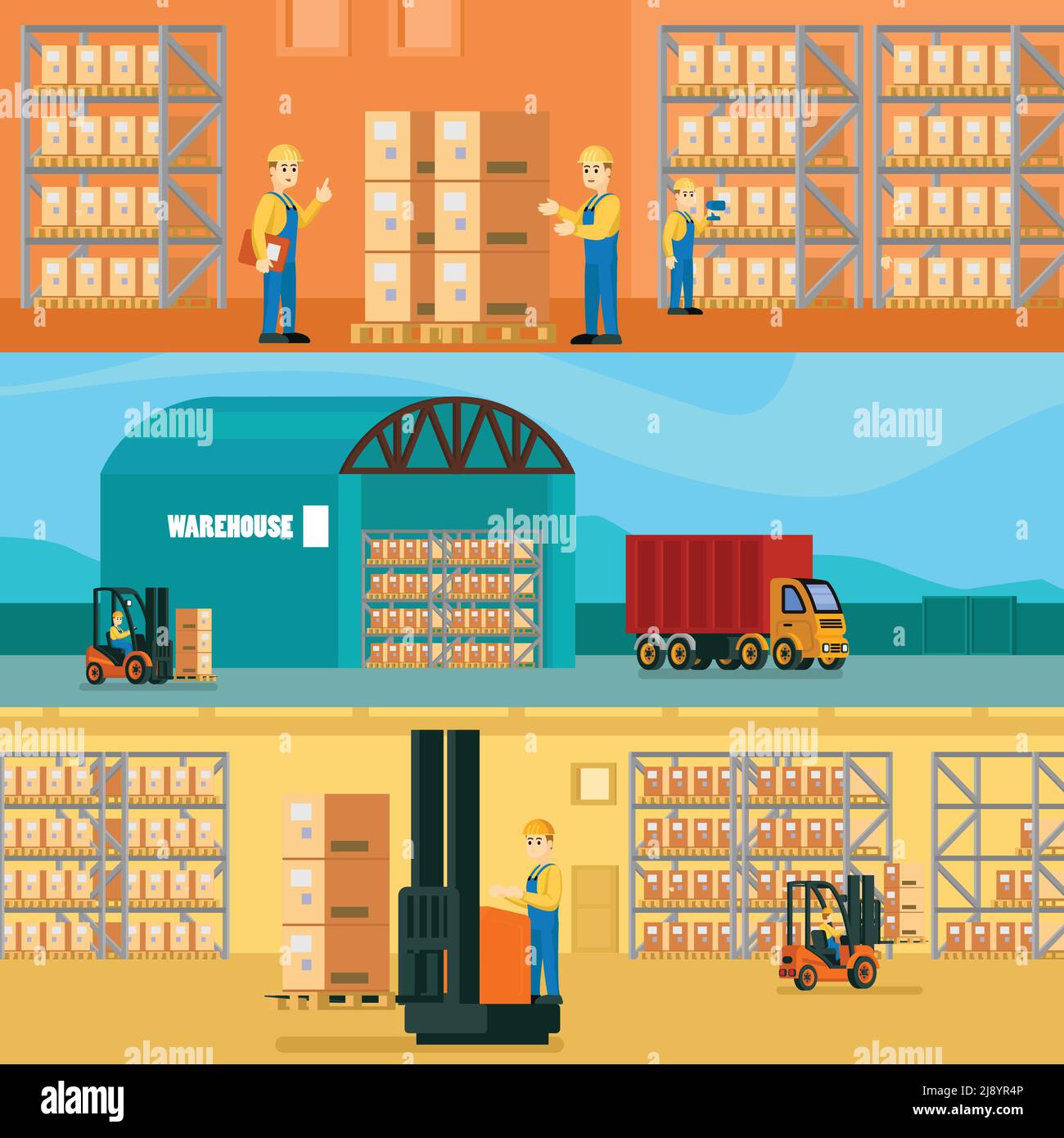 Logistic warehouse horizontal banners with processes of truck loading ...