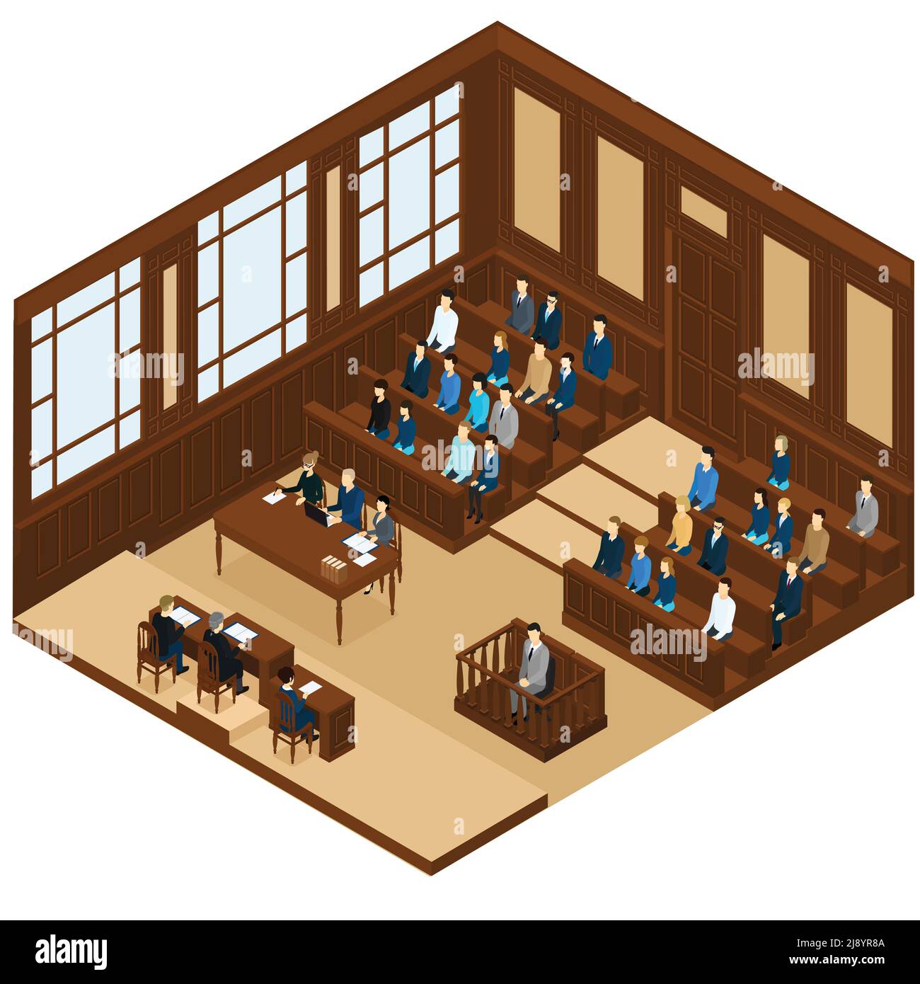 Isometric judicial session room template with different people and ...