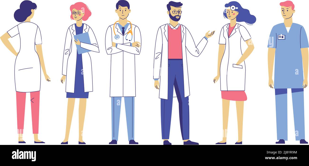 Practitioner doctors young man and woman standing together and talking ...