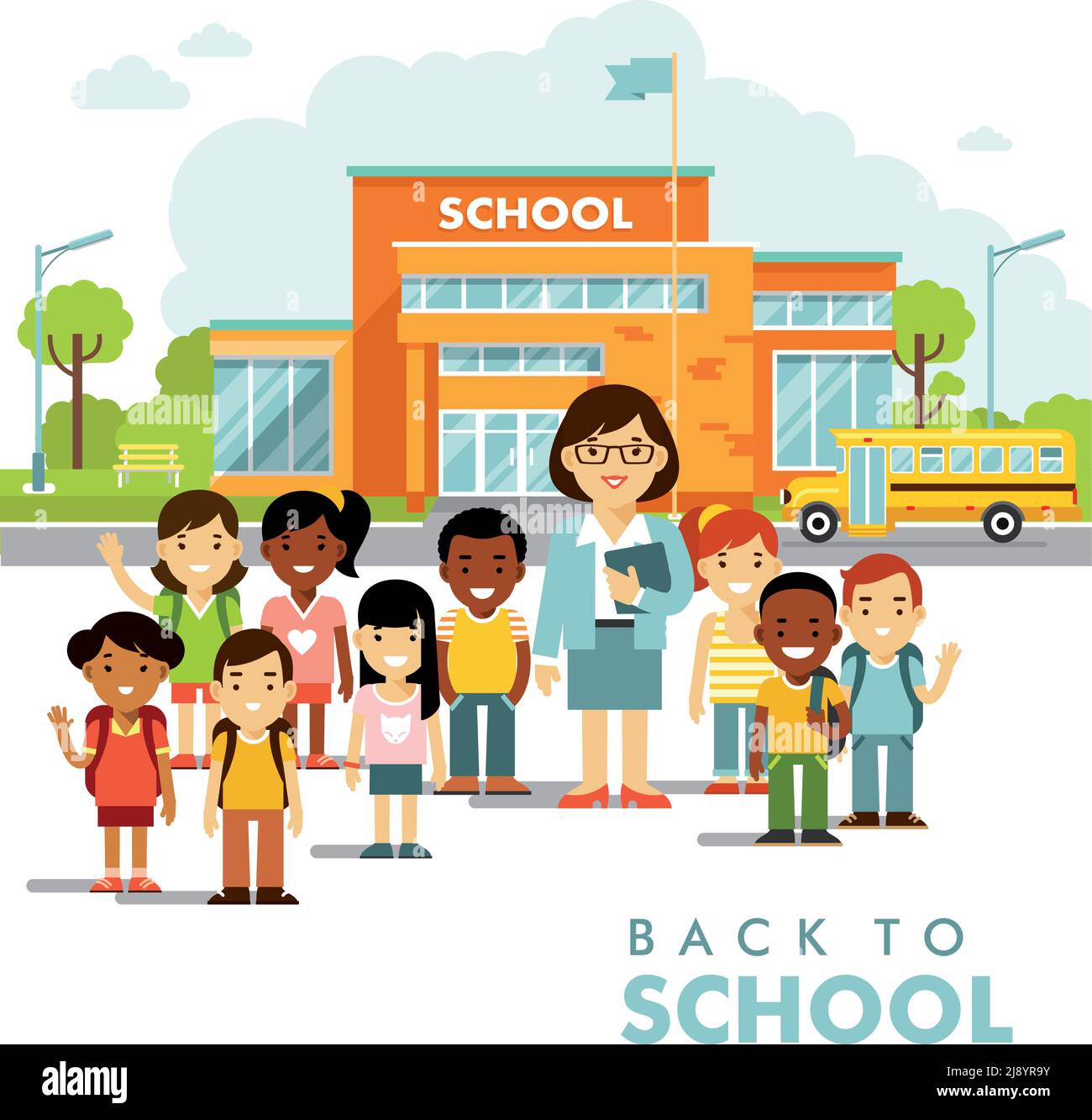 Cartoon Group Of Elementary School Kids In The School Yard