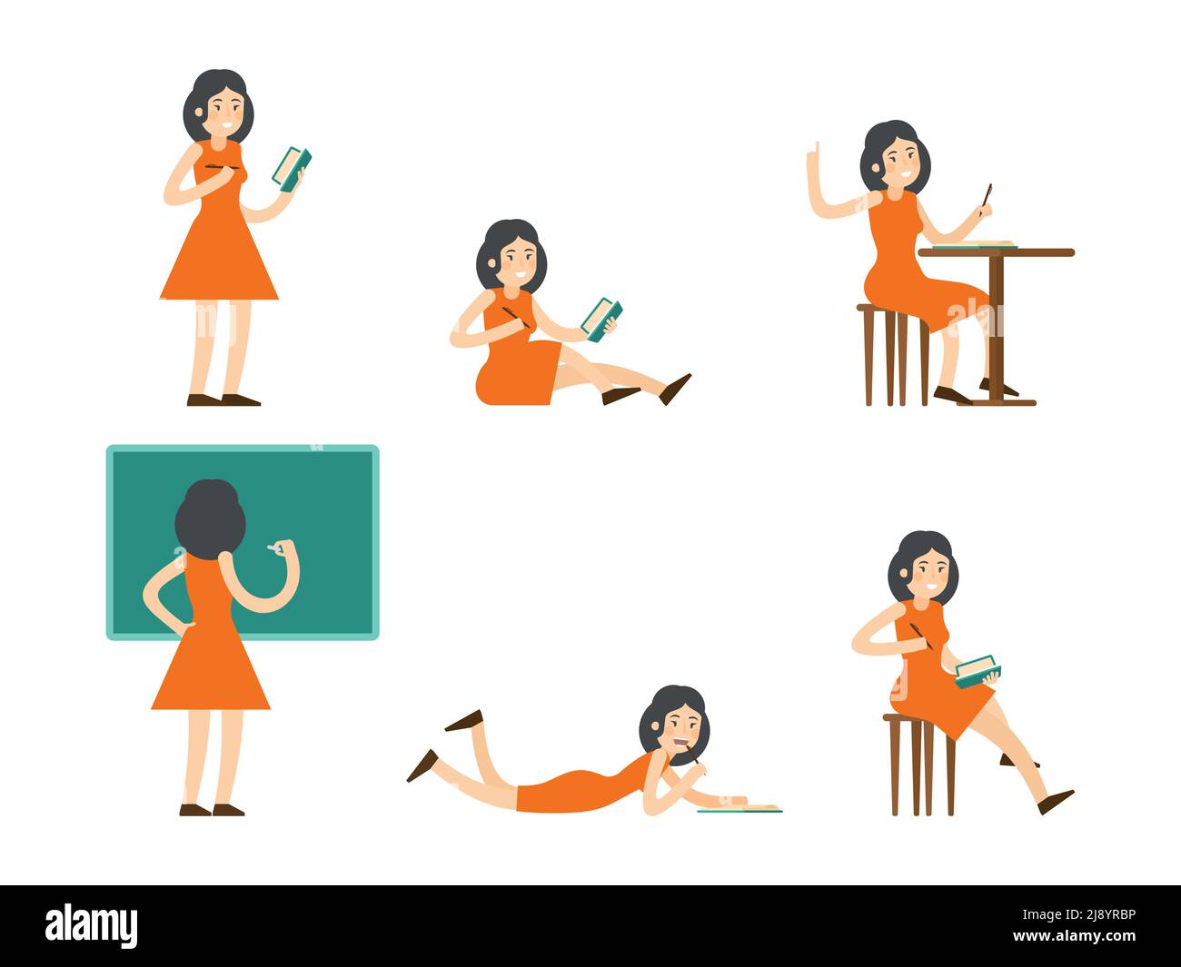Flat studying woman set in different poses writing on notepad and ...