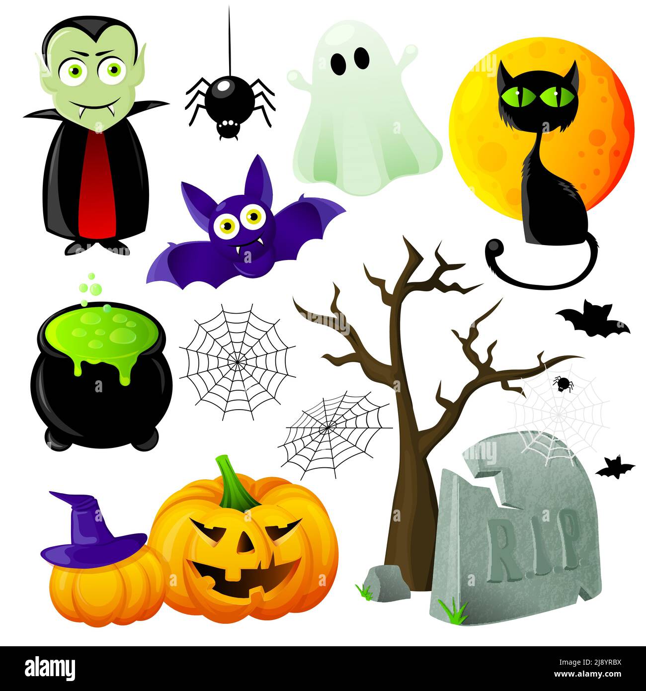 Halloween symbols set with vampire lantern of jack cat and bat cauldron ...