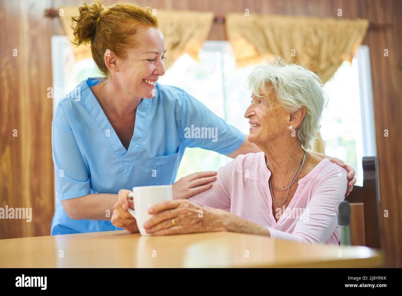 Woman from the nursing service takes care of senior citizen in assisted ...