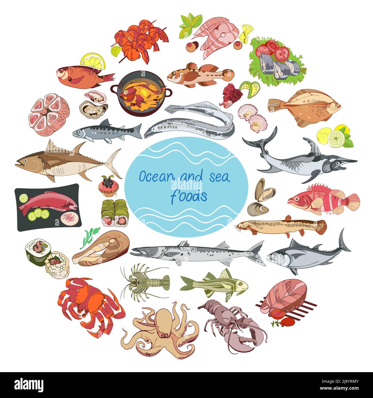 Sea and ocean food round concept with fishes animals marine products ...